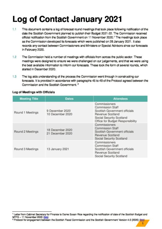 Scotlands Forecasts Log Of Contact Between SFC And Scottish Government | Scottish Fiscal Commission