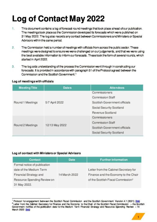 Scotland’s Economic And Fiscal Forecasts May 2022 Log Of Contact Between SFC And Scottish ...